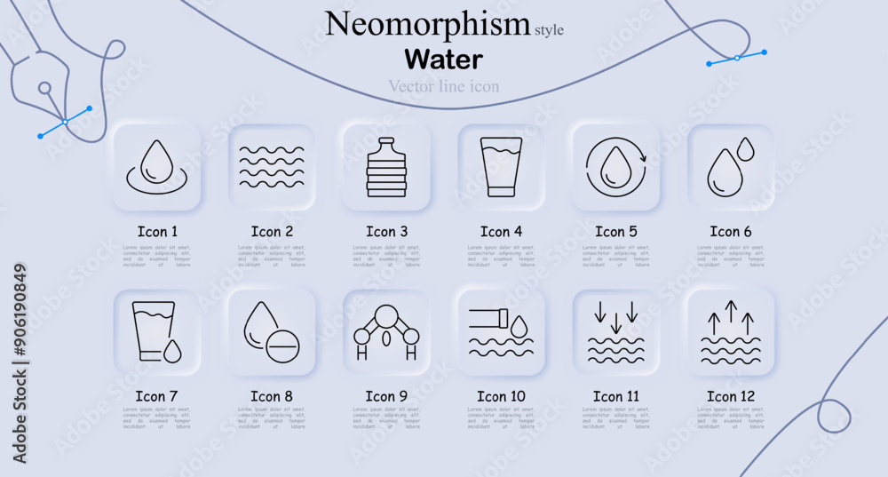 Water icon set in neomorphism style. Water drop, waves, water bottle ...
