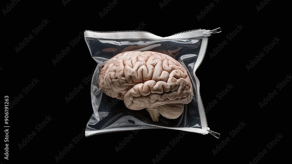Brain. Human organ bagged for sale. Isolated black background ...