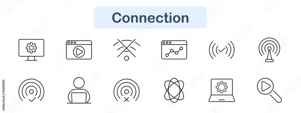 Connection icon set in line art style. Monitor, browser, no signal ...