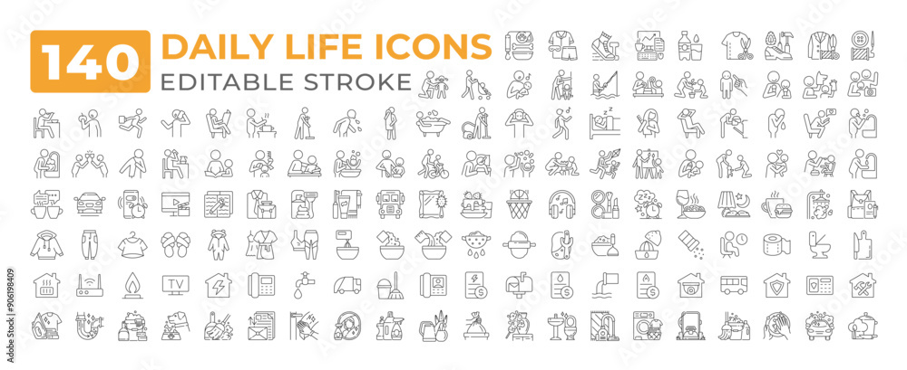 Daily life line icons big set. Housekeeping, utilities, cooking. Parent ...