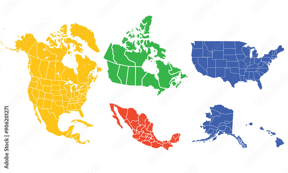 North America map templates. USA,Canada and Mexico mapwith individual ...