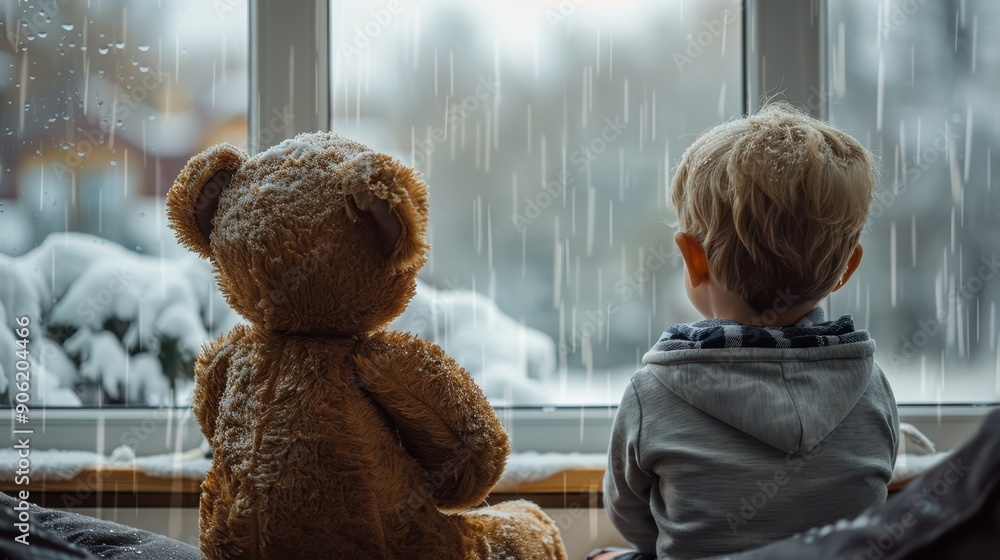 Sad boy cuddle teddy bear sitting near window in the morning, alone kid ...