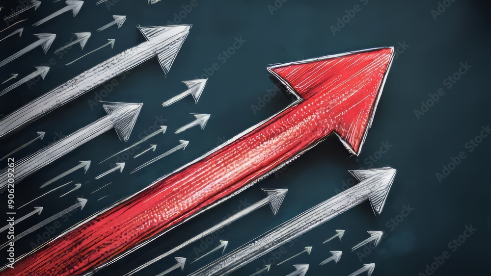 Hand-Drawn Red Arrow Pointing Upwards Surrounded by Smaller Arrows in ...