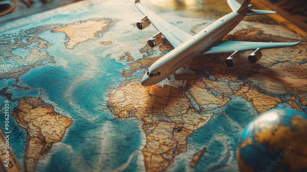 Travel the world by hopping on an airplane. A world map and globe show ...