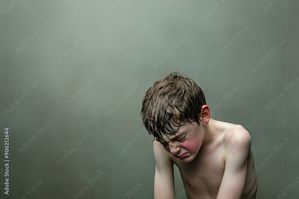 Young boy sad upset, clean background model person looking forward ...