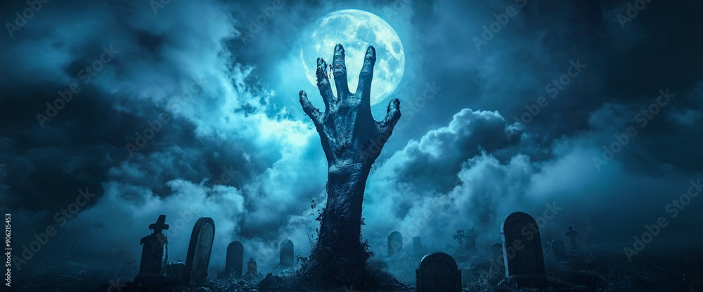 Mano de zombi levantándose de la tumba, fondo de cementerio nocturno ...
