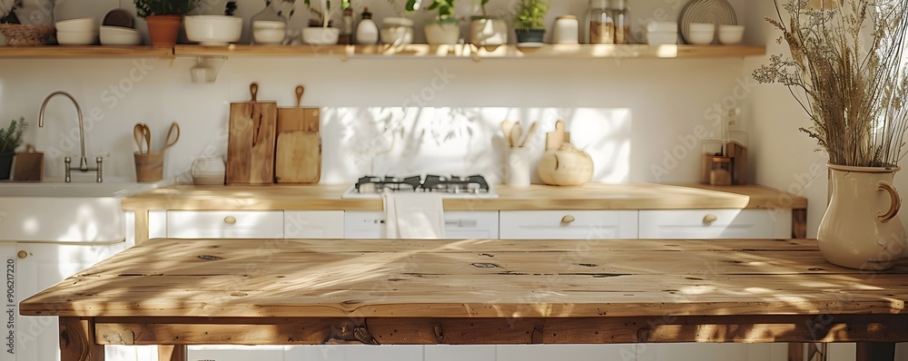 Rustic Farmhouse Kitchen Table with Natural Finish and Open Shelving ...
