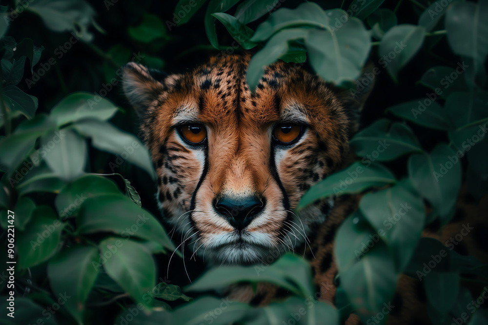 A cheetah is peering through dense, dark green foliage. The cheetah's ...