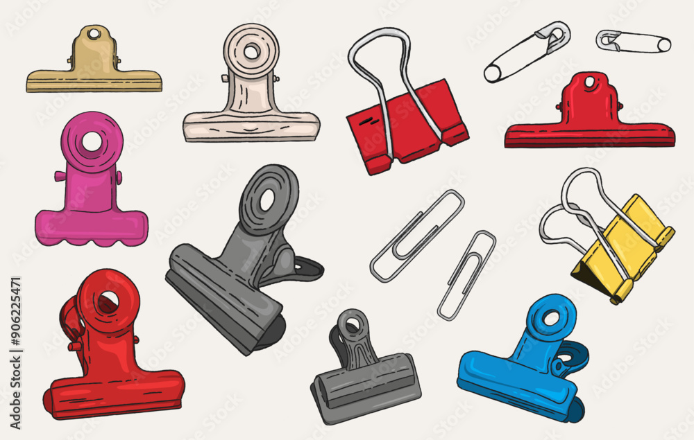 Set of various hand-drawn paper clips isolated over a white background ...