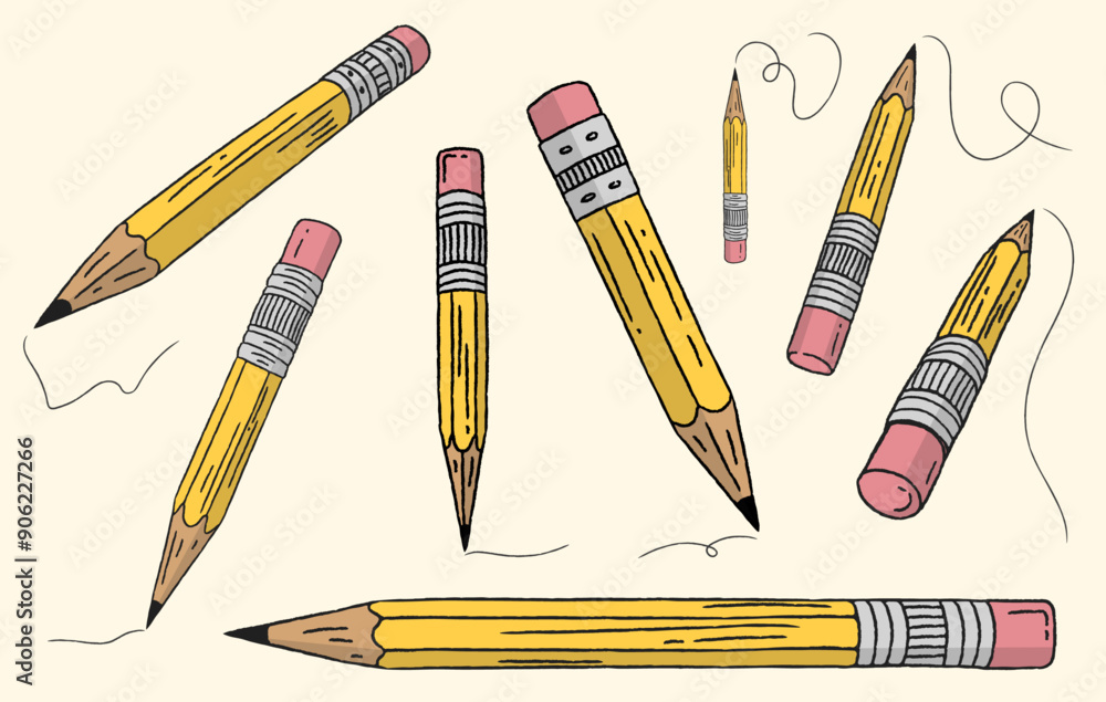 Set of various hand-drawn pencils in different angles isolated over a ...