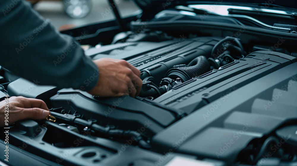 A close-up photo of a mechanic's hands examining a car's engine at an ...
