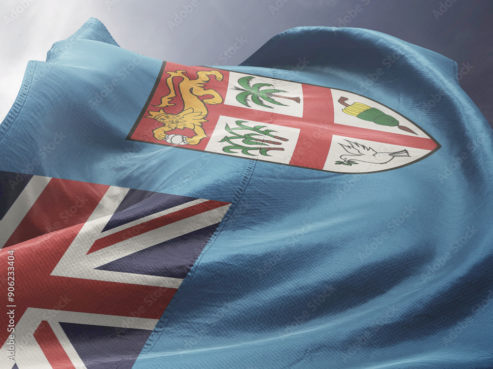 Waving Flag of Fiji in Blue Sky. Fiji Flag on pole for Independence day ...