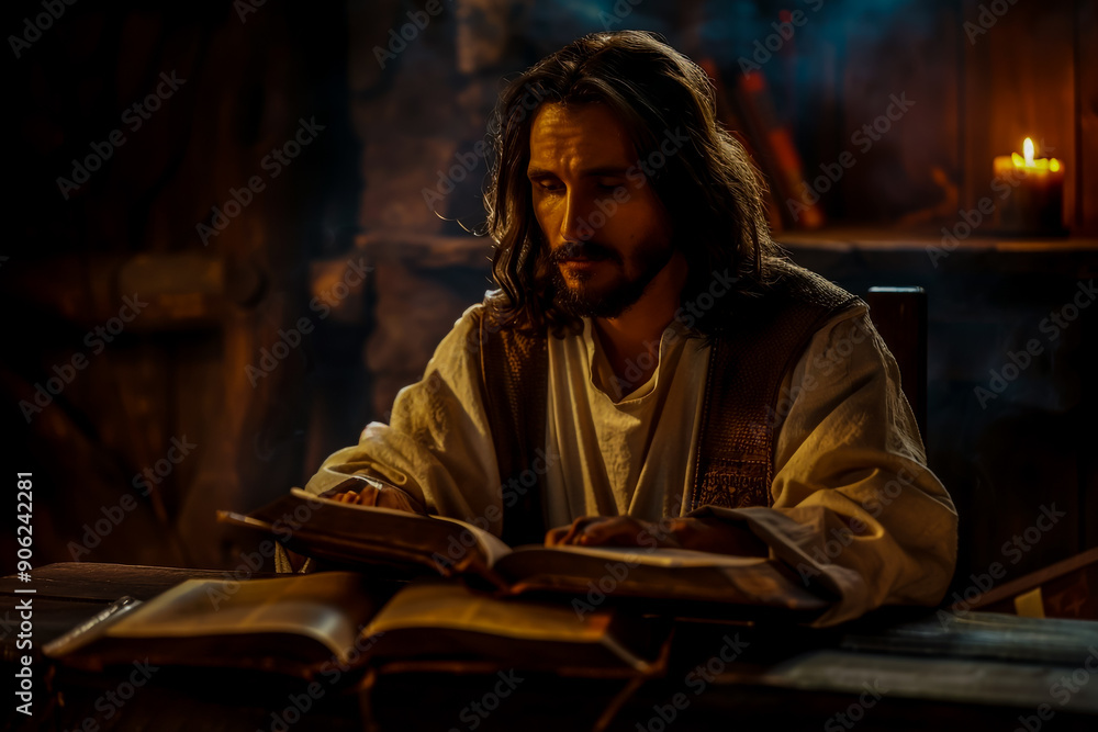 Jesus reading the Bible at his desk in a warmly lit, old room. Stock ...