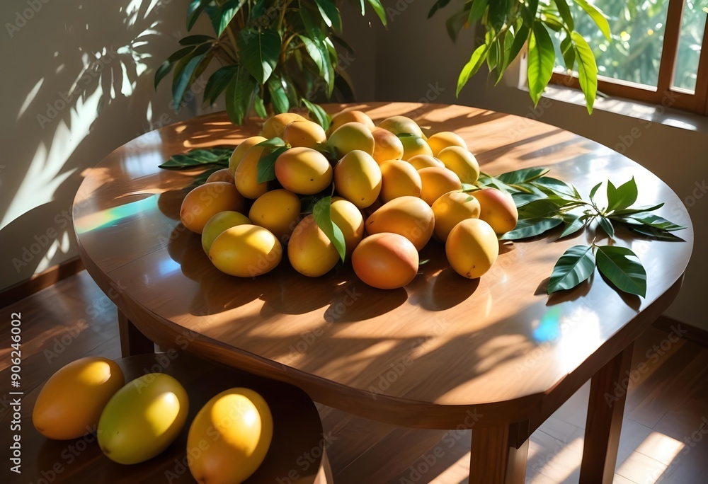 Kilos of mangoes are placed on a wooden table which is right beside the ...
