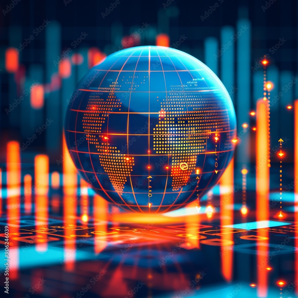 Futuristic digital globe with data visualization charts represents ...
