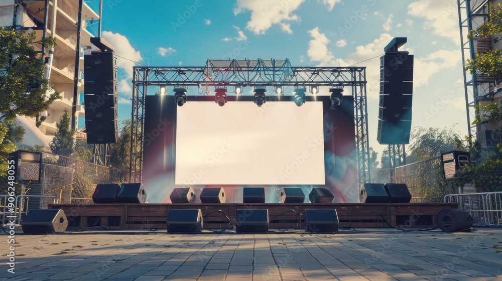Stage modern rigging large outdoor concert with beam lights, sound ...