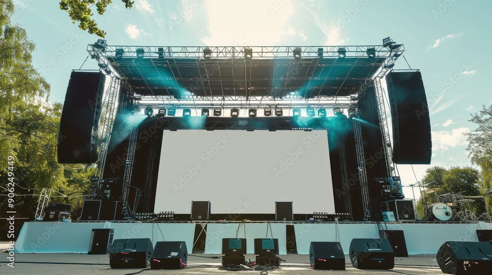 Stage modern rigging large outdoor concert with beam lights, sound ...