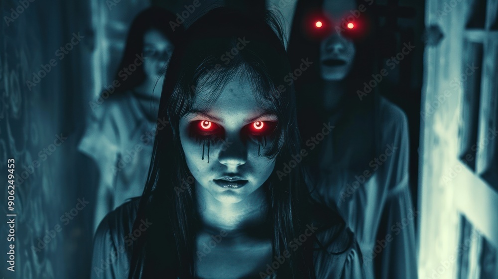 Girls face creepy with glowing eyes horror ghost halloween theme ...