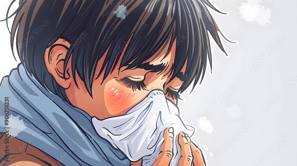 Anime Style Illustration of a Person Blowing Their Nose with a Tissue ...