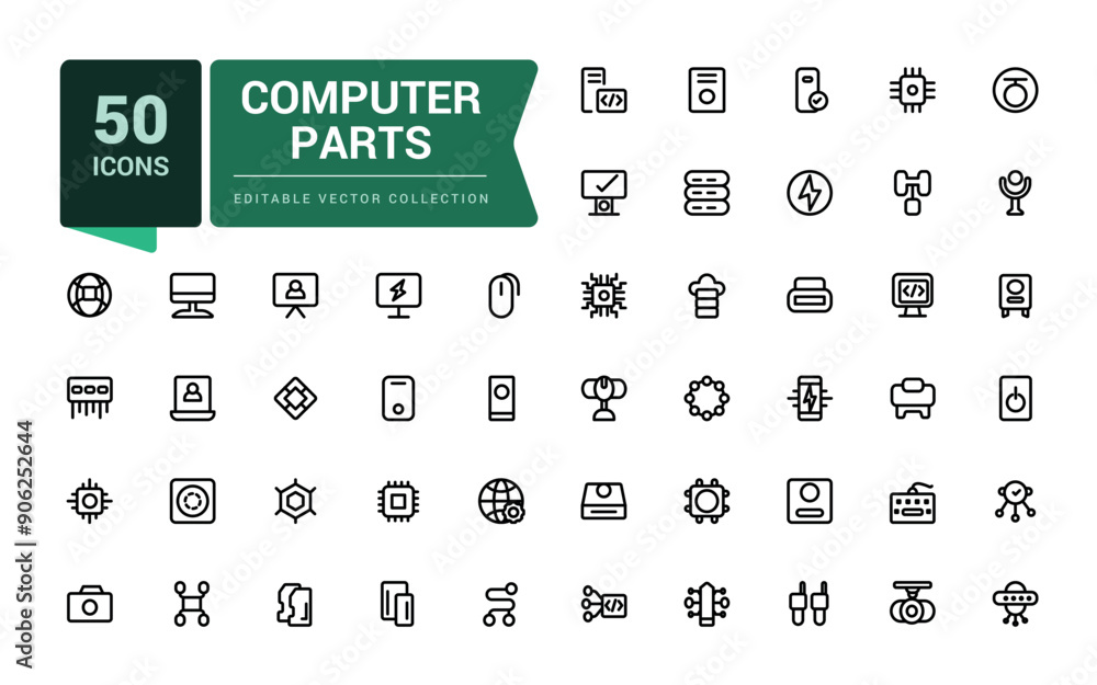 Computer Parts and PC Hardware and accessories icons set. Set of ...