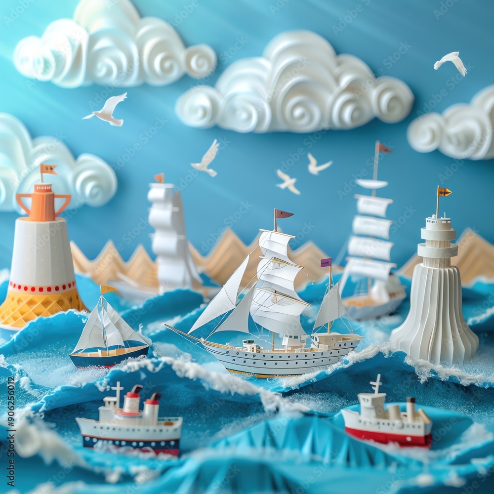 Ships and maritime symbols against a sea background, celebrating World ...