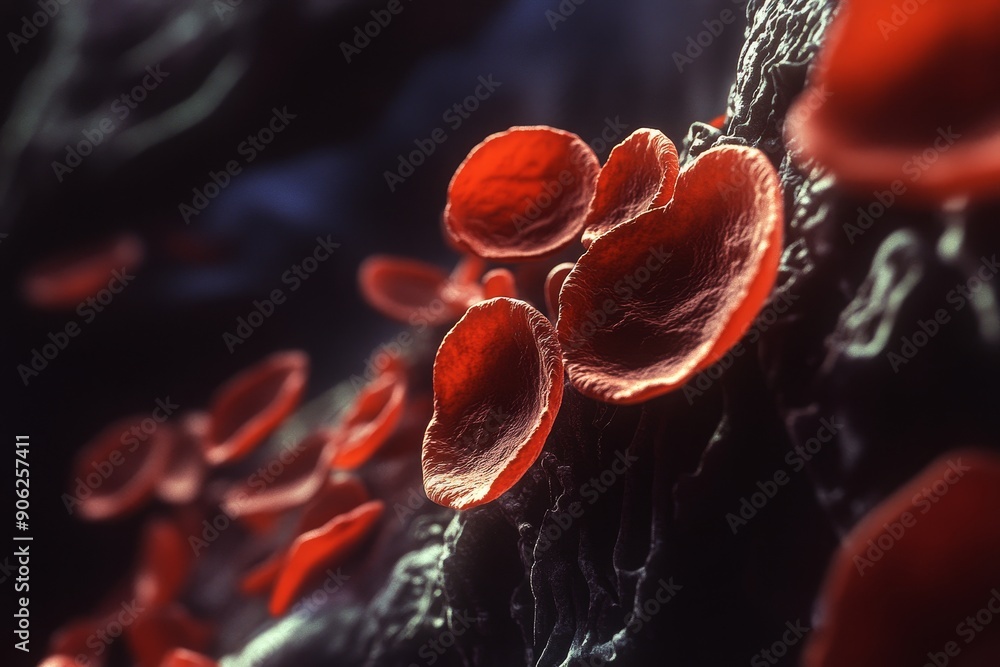 Close-up of red blood cells flowing through a capillary, showing their ...