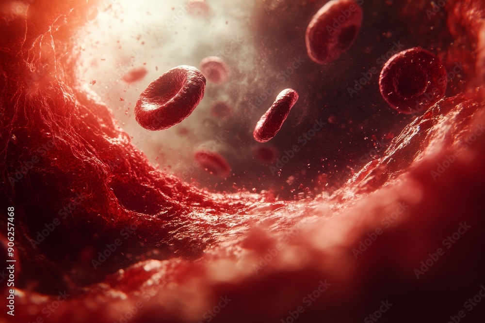 Close-up of red blood cells flowing through a capillary, showing their ...