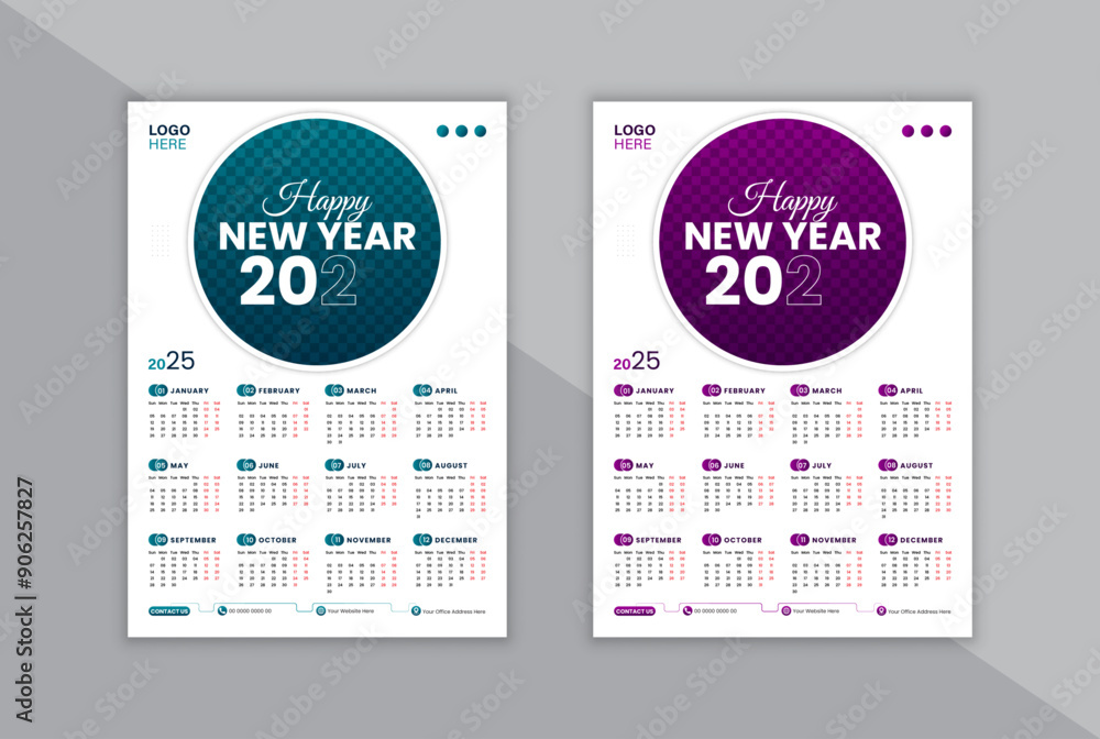 Vetor de One page wall calendar design template 2025, modern 12 months ...