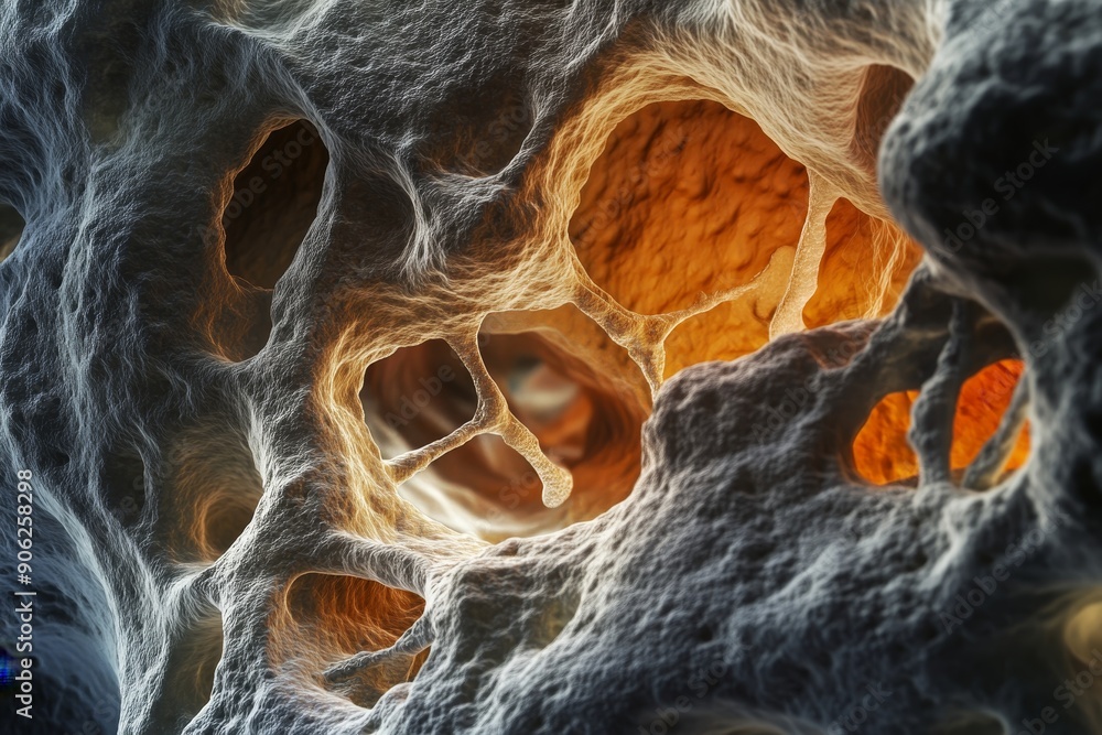 Detailed view of an osteoclast resorbing bone tissue, highlighting the ...
