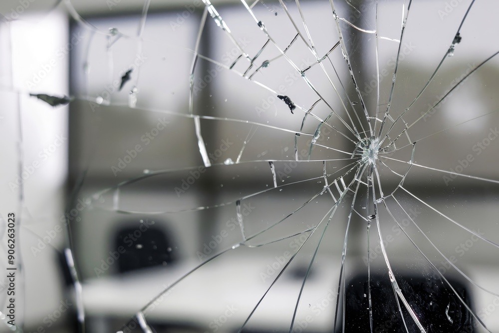 Symbolic shattered office window depicts destruction in a bustling ...