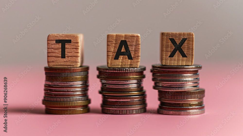 Wooden blocks labeled "TAX" are placed on stacks of coins. The blocks ...
