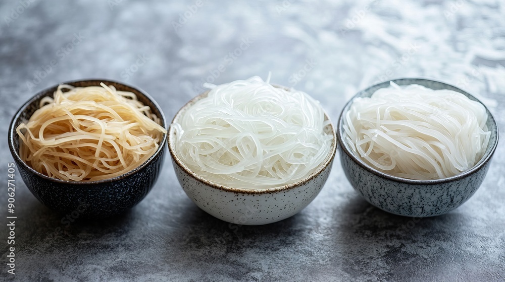 Three types of Thai noodles, displayed from back to front: Glass Noodle ...
