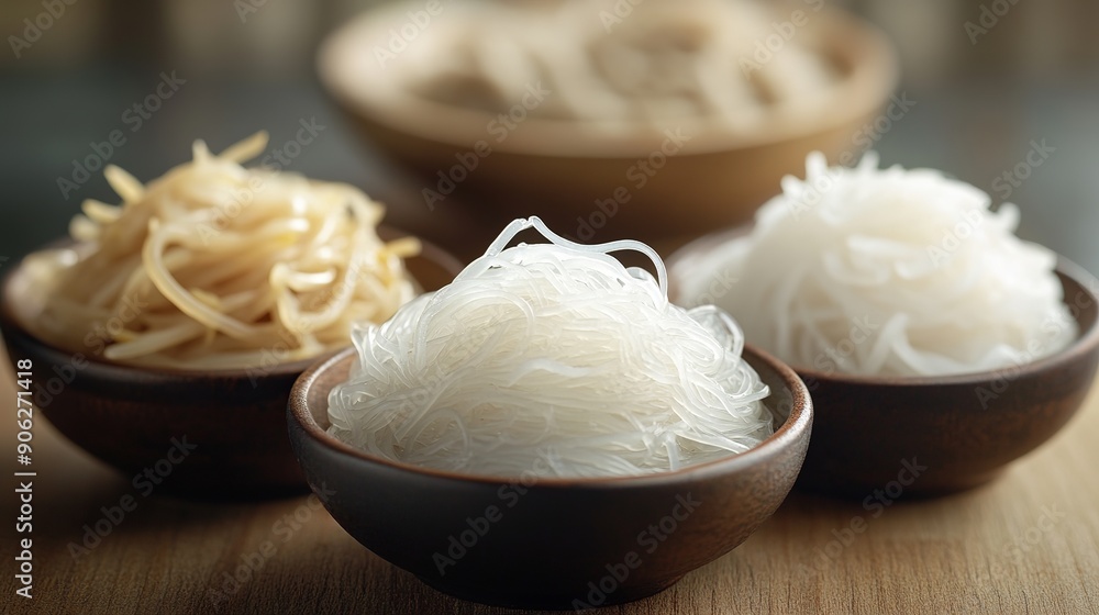 Three types of Thai noodles, displayed from back to front: Glass Noodle ...