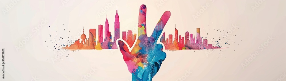 Peace sign with global landmarks in the background, representing ...