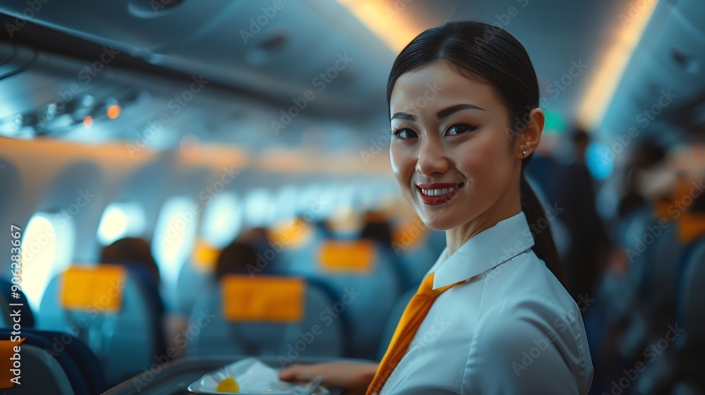 Cabin crew pushing service cart and serve to customer on the airplane ...