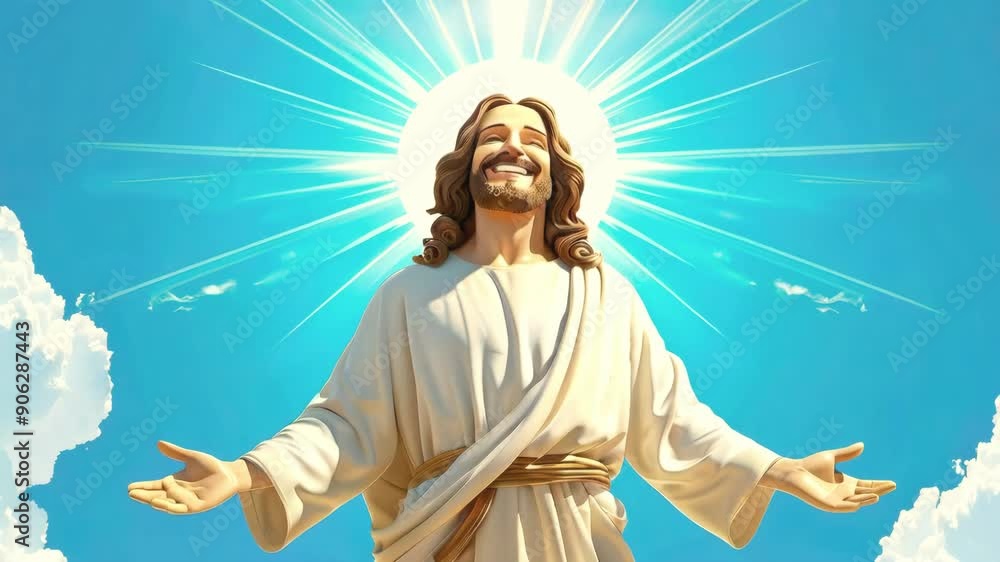 jesus christ face smiling with halo and rays of light cartoon style ...