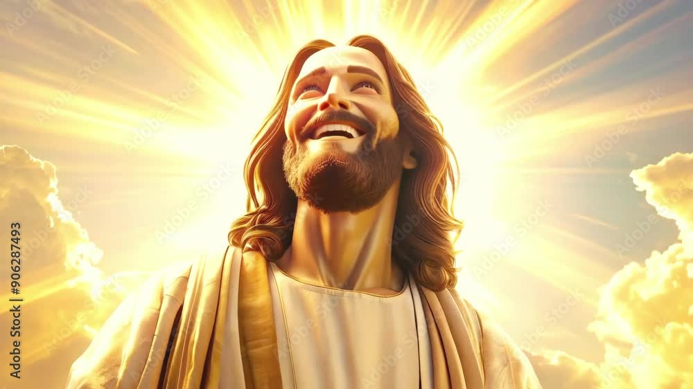 jesus christ face smiling with halo and rays of light cartoon style ...