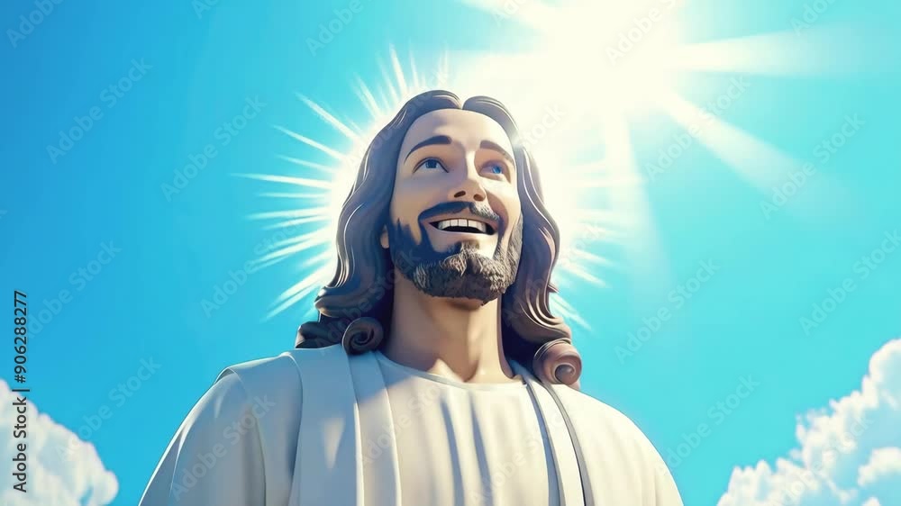 jesus christ face smiling with halo and rays of light cartoon style ...