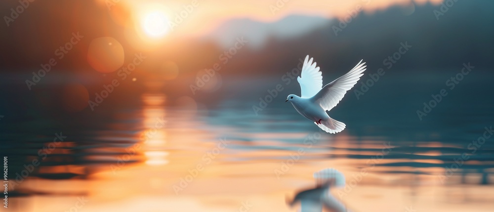 A flock of doves soaring together over a tranquil lake, reflection in ...