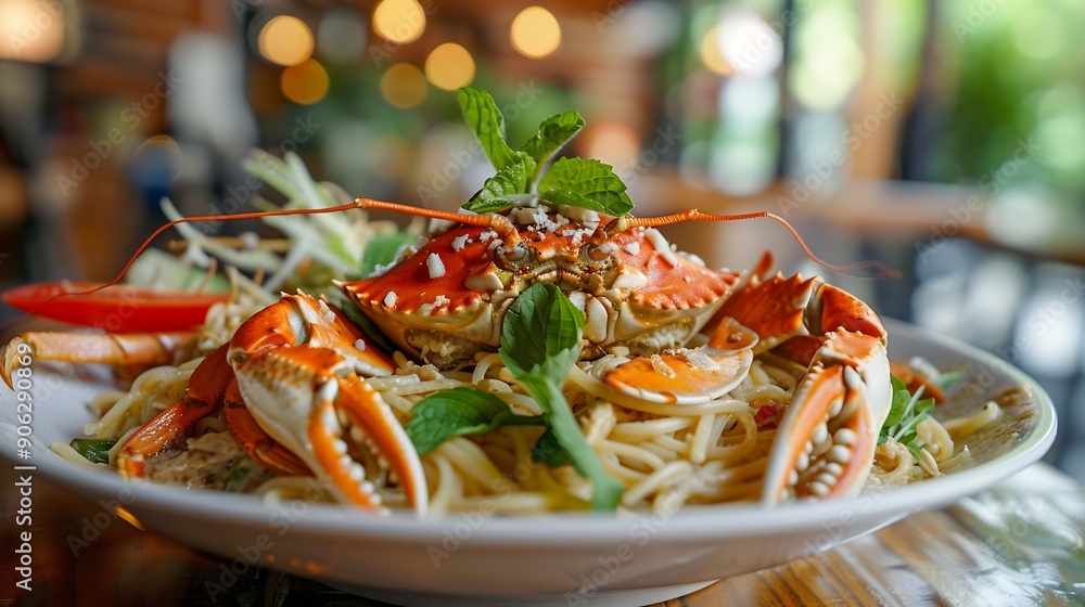 Thai style green curry coconut creamy spaghetti deep fried soft shell ...