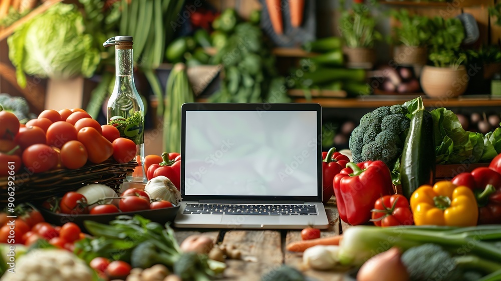 Laptop computer with mockup white screen on vegetarian healthy food ...