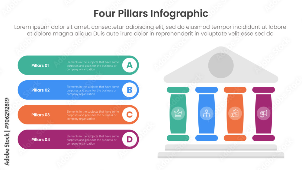 Four pillars framework with ancient classic construction infographic with 4 point stage template ...