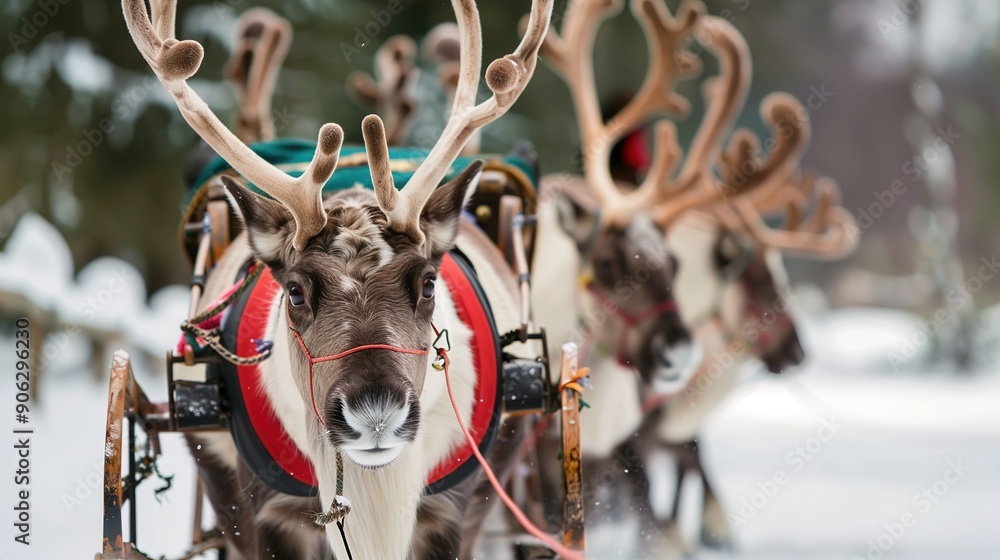 Reindeer Pulling Santa's Sleigh with Red-Nosed Rudolph Leading the Way ...