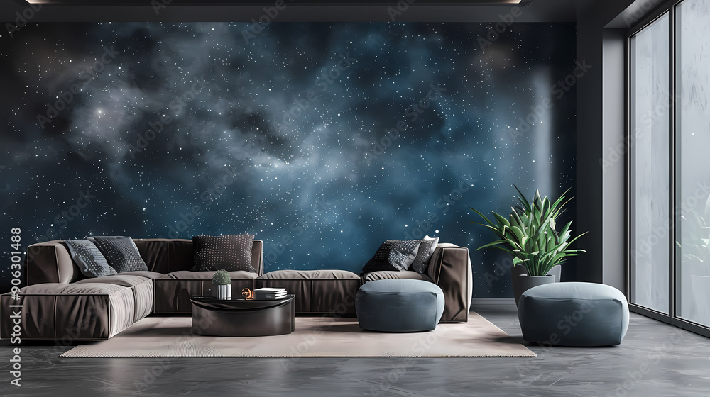 A modern living room with a sectional sofa and a starry night sky wall ...
