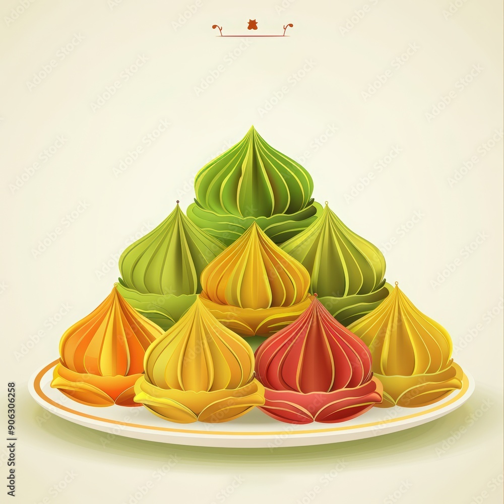mandala shape pile of colorful modak with text "Happy Ganesh Chaturthi ...