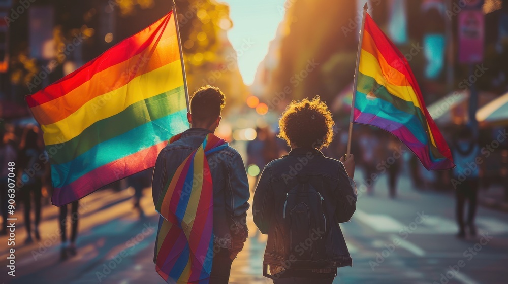 Two people walk in a crowd holding rainbow flags, celebrating diversity ...