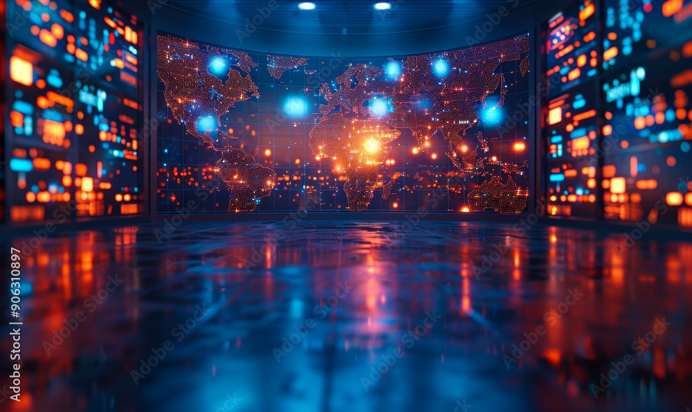 3D Render of Modern News Studio with World Map on Screen, High-Tech Newsroom, Futuristic Design ...