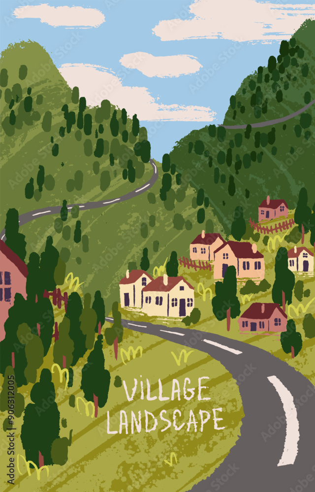 Countryside poster. Green mountain landscape with rural buildings ...