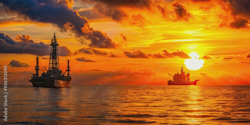 Silhouette view of a drilling rig and FPSO ship in sunset offshore ...