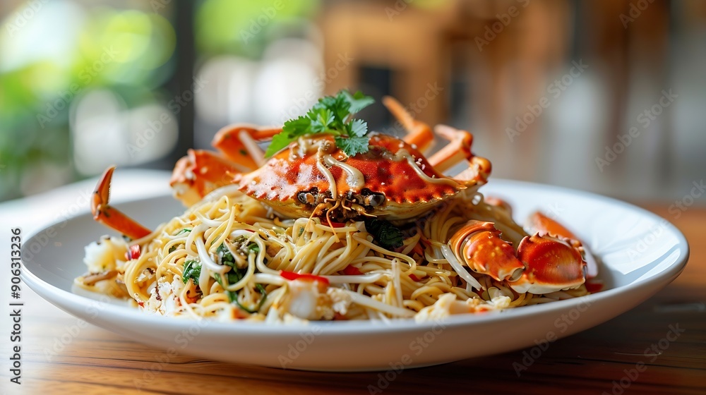 Thai style green curry coconut creamy spaghetti deep fried soft shell ...